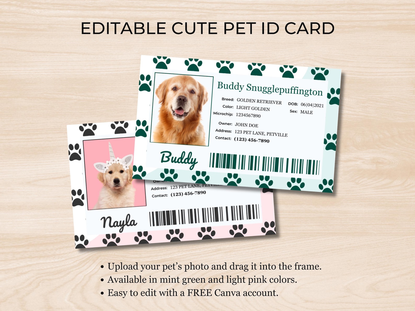 Pet ID Card - Editable Pet ID - Dog ID Template - Cat Id Template - Dog ...