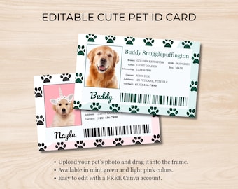 Pet ID Card - Editable Pet ID - Dog ID Template - Cat Id Template - Dog ...