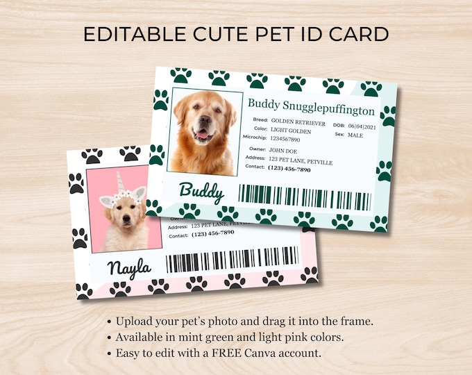 Pet ID Card - Editable Pet ID - Dog ID Template - Cat Id Template - Dog ...