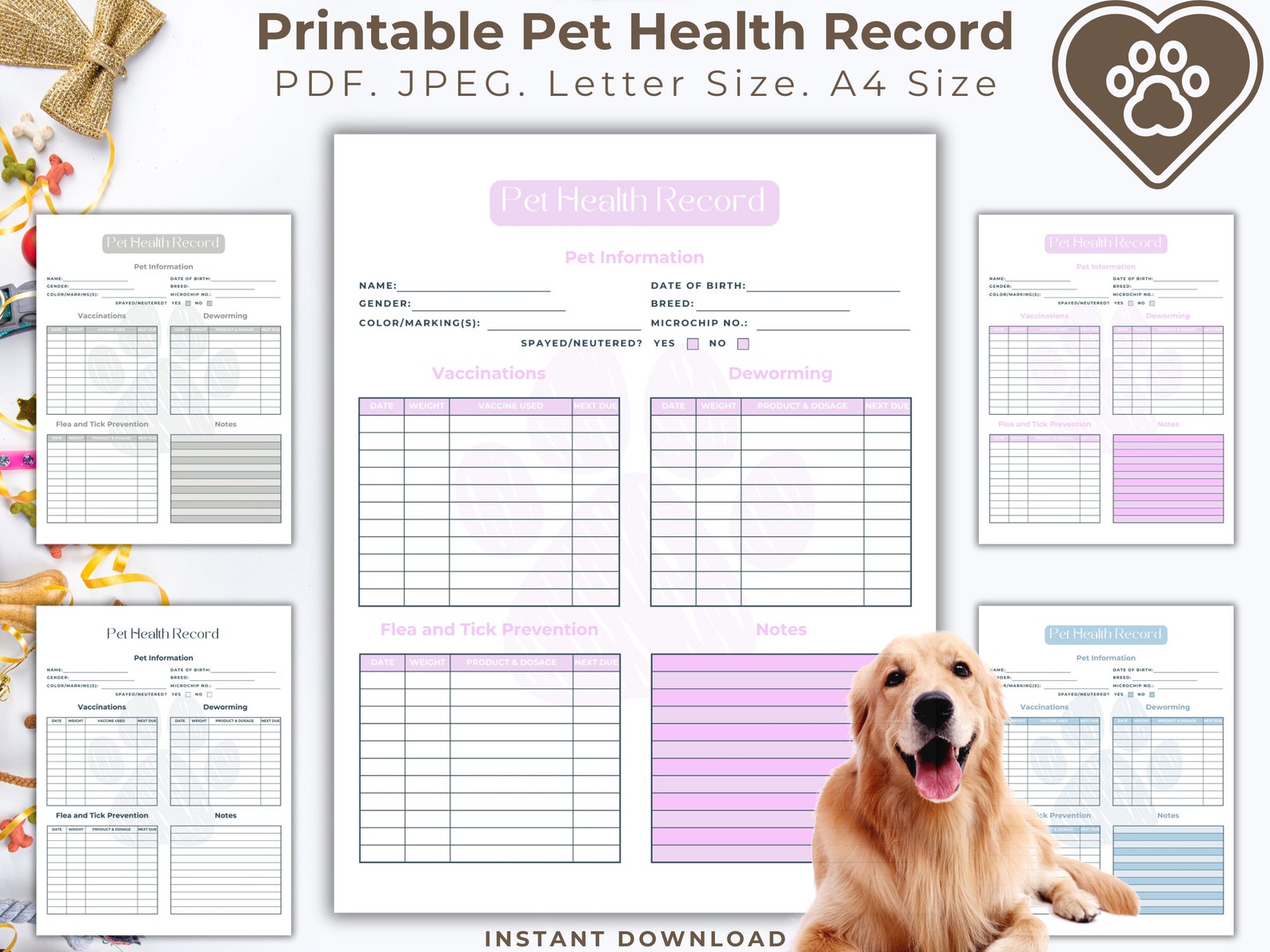 Printable Pet Health Record, Shots Log, Vaccination Record, Canine ...