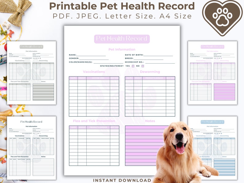 Printable Pet Health Record, Shots Log, Vaccination Record, Canine ...