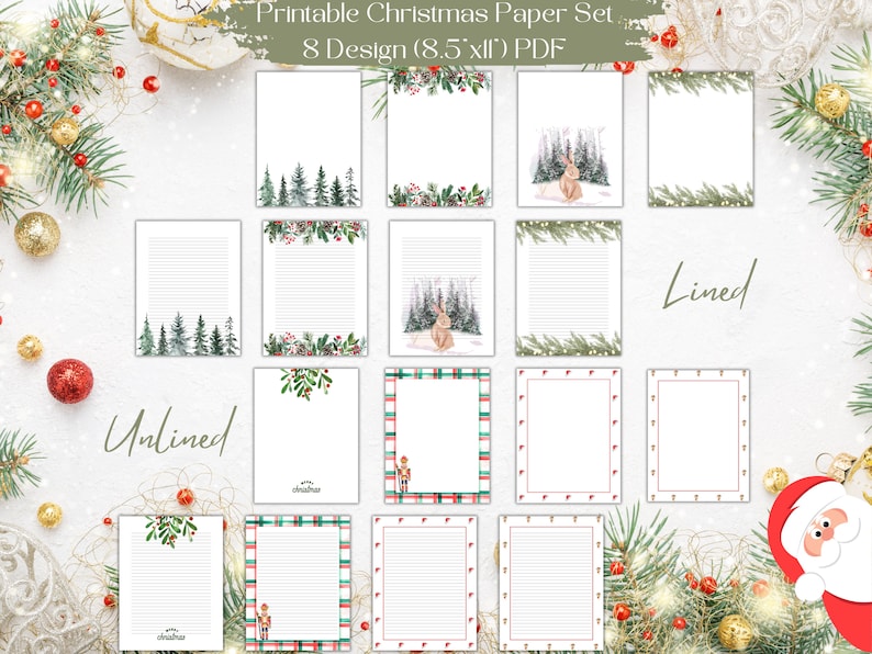 Printable Christmas Writing Paper Set of 8, Christmas Stationery ...