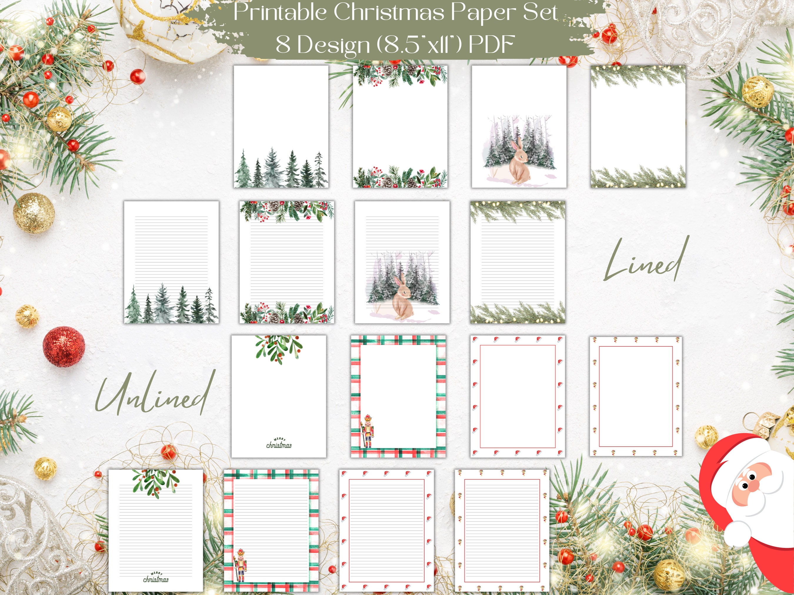 Printable Christmas Writing Paper Set of 8, Christmas Stationery ...