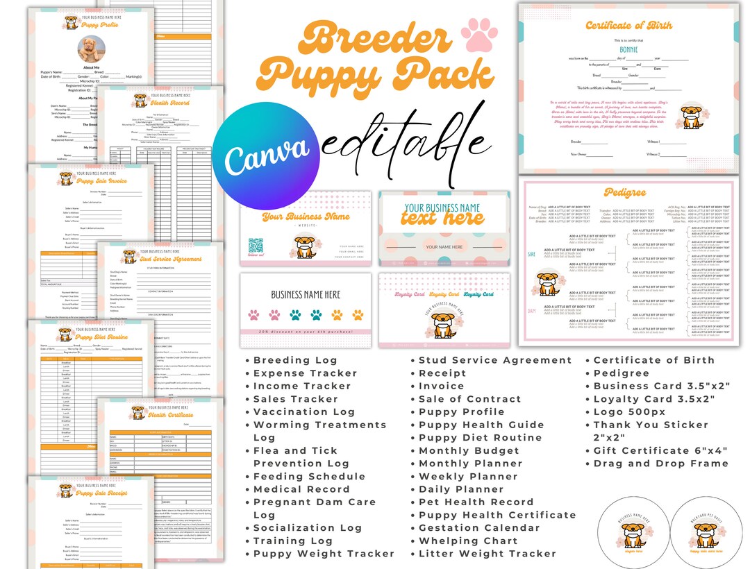 Ultimate Breeder Puppy Pack, Editable on Canva Free Account, Pedigree ...