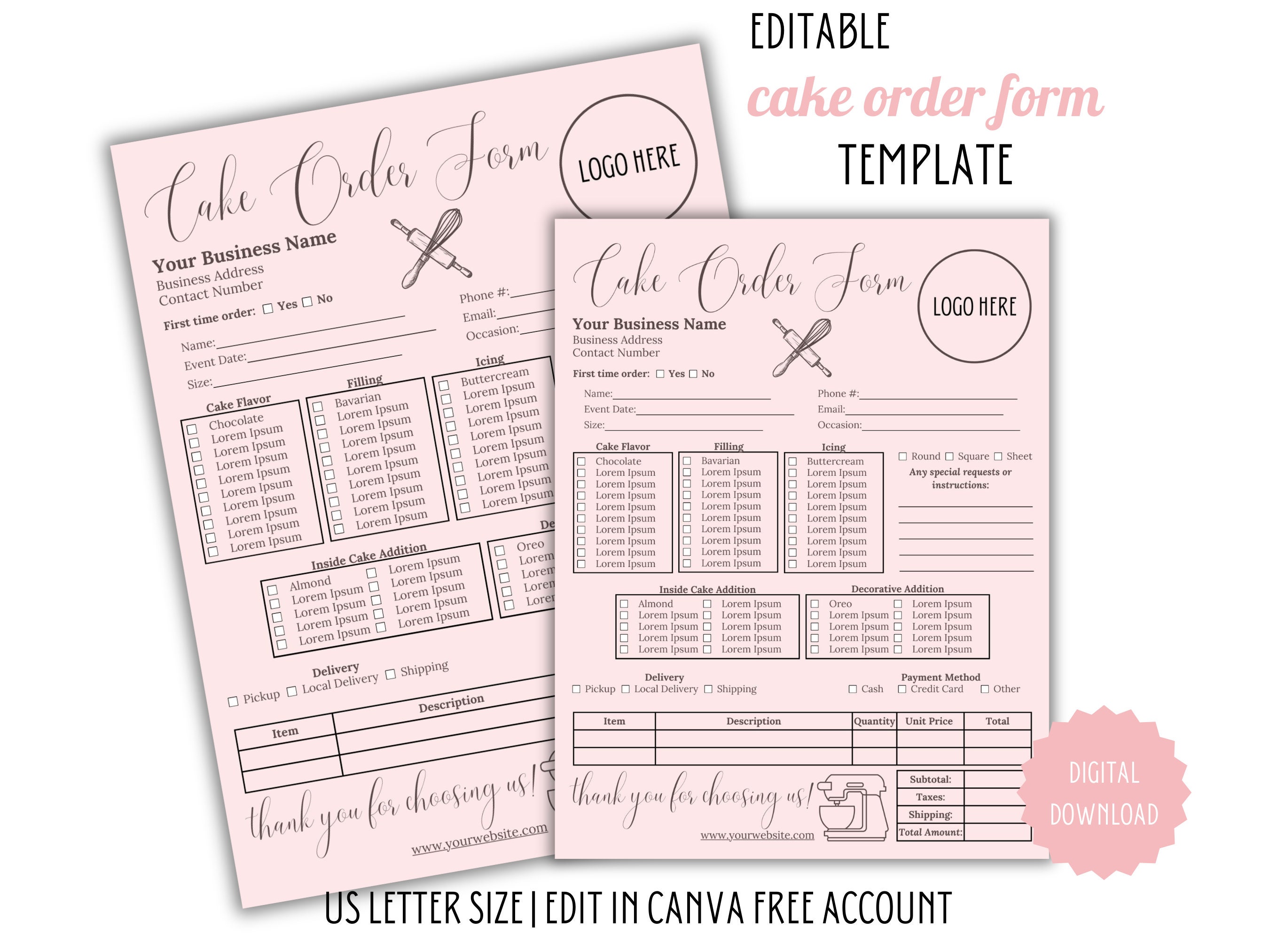 Cake Order Form, Editable Cake Order Form Template, Small Business ...