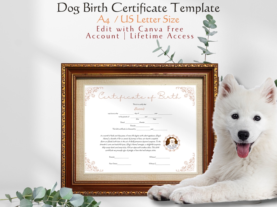 Puppy Birth Certificate Template | Editable Dog Certificate | Editable ...