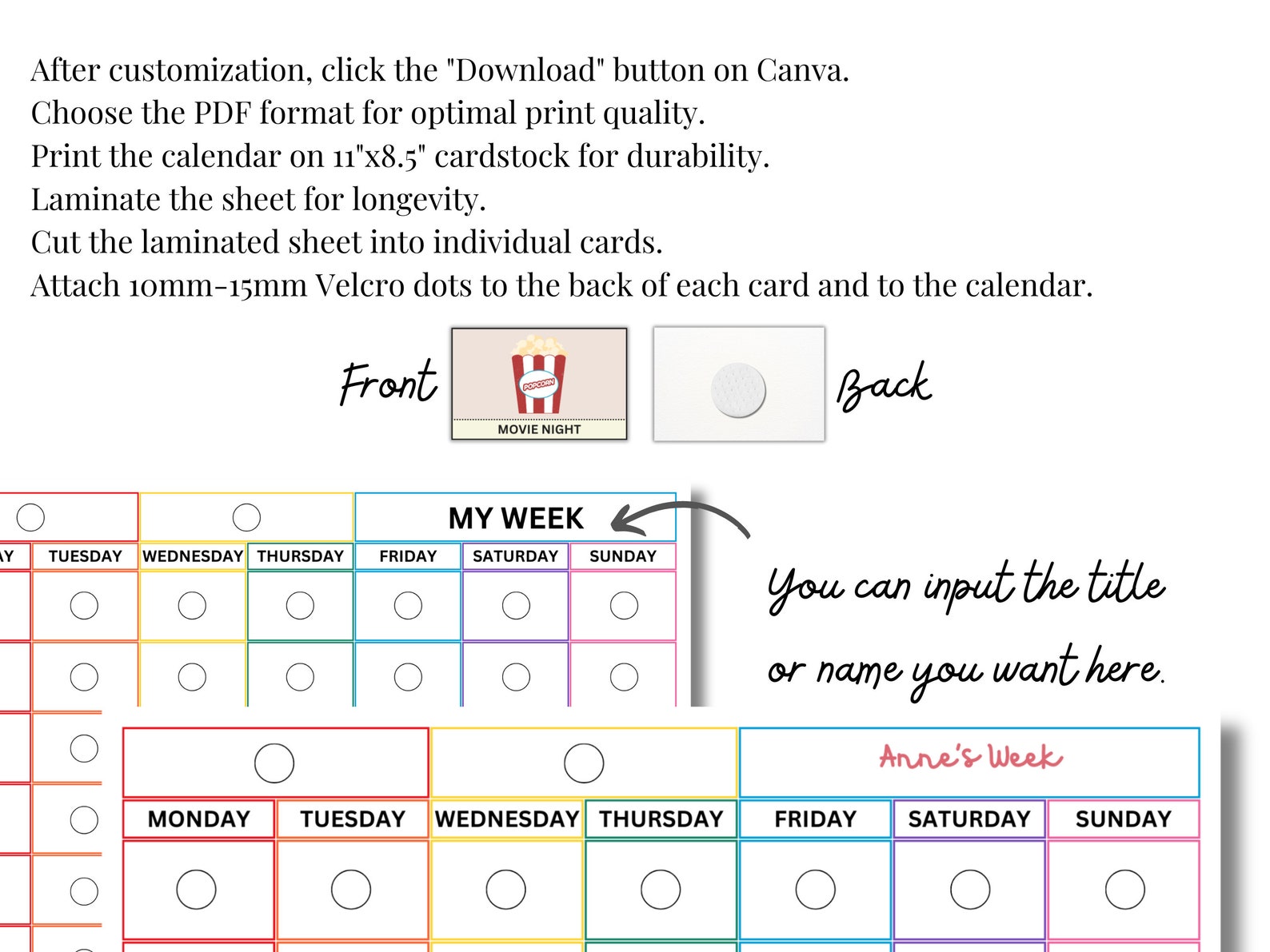 Weekly Visual Calendar, Editable Visual Calendar, Visual Schedule for ...