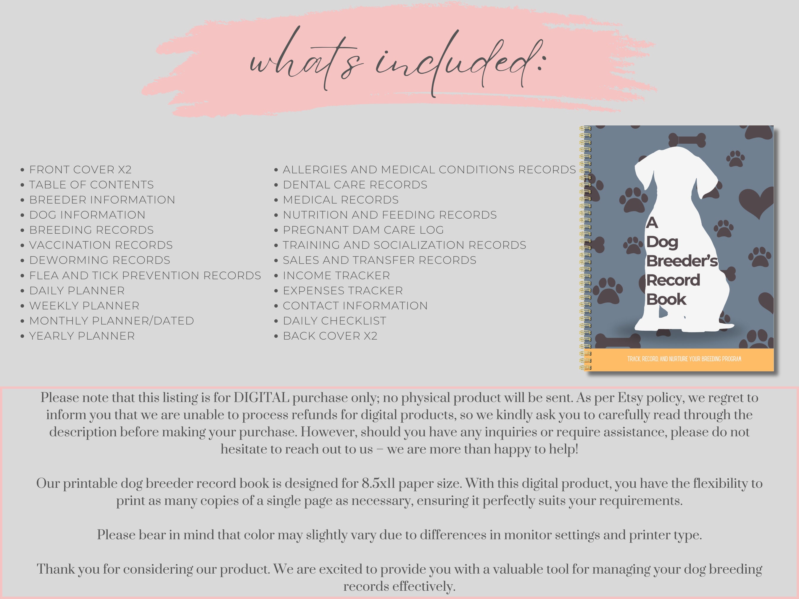 Breeder's Record Book, Printable Breeders Book, Simple Puppy Book ...