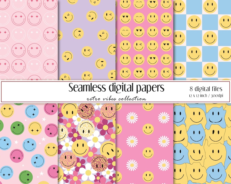 Retro Digital Paper Sets | Smiley Background | Y2k Scrapbook Paper ...
