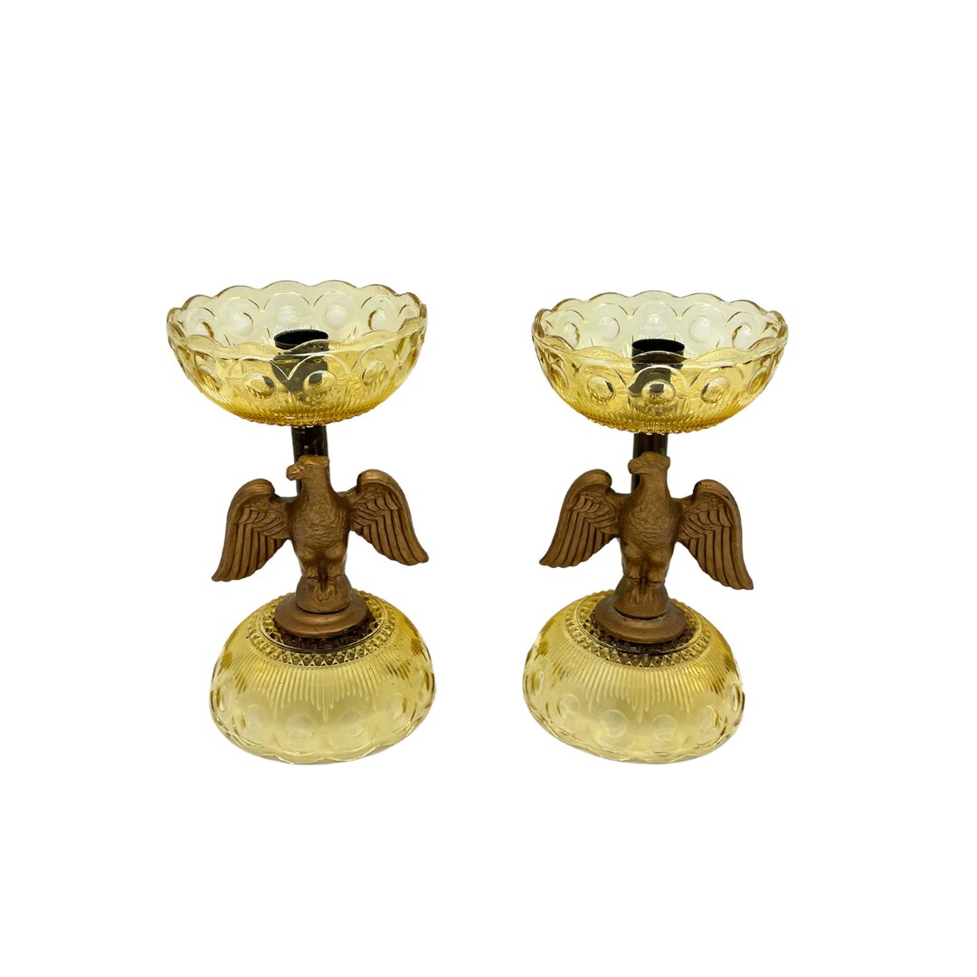 Pair of Mid-century Amber Glass Eagle Candlesticks - Etsy