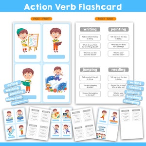 Action Verb Flashcards, 14 Preschool Montessori Cards, Front and Back ...