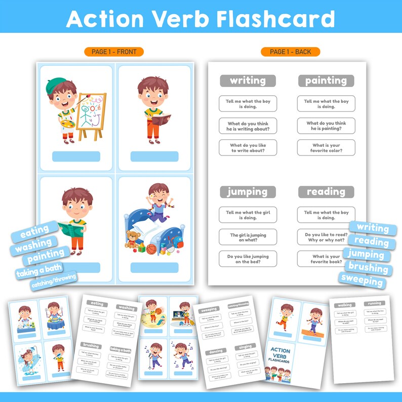 Action Verb Flashcards, 14 Preschool Montessori Cards, Front and Back ...