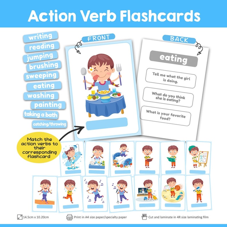 Action Verb Flashcards, 14 Preschool Montessori Cards, Front and Back ...