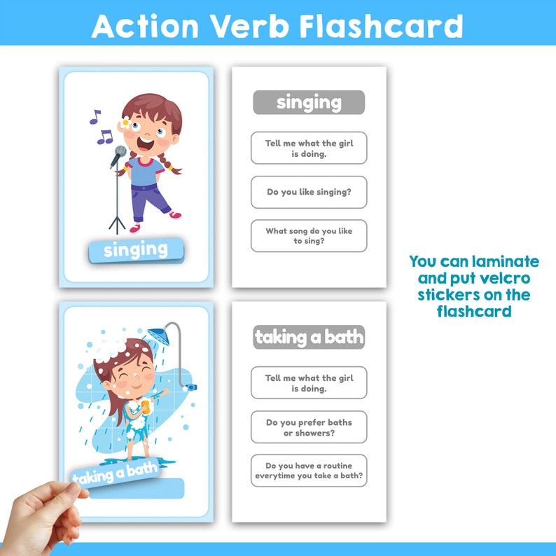 Action Verb Flashcards, 14 Preschool Montessori Cards, Front and Back ...