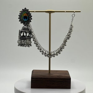 Oxidized Peacock Feather Style Jhumka With Earchain Silver - Etsy