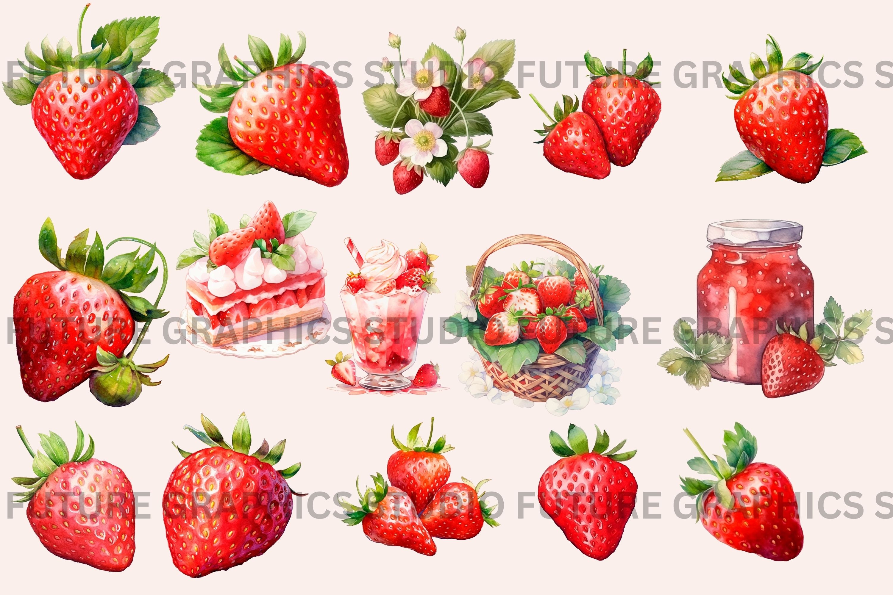 Watercolor Strawberry Clipart Bundle, PNG Clipart, Digital Download for ...