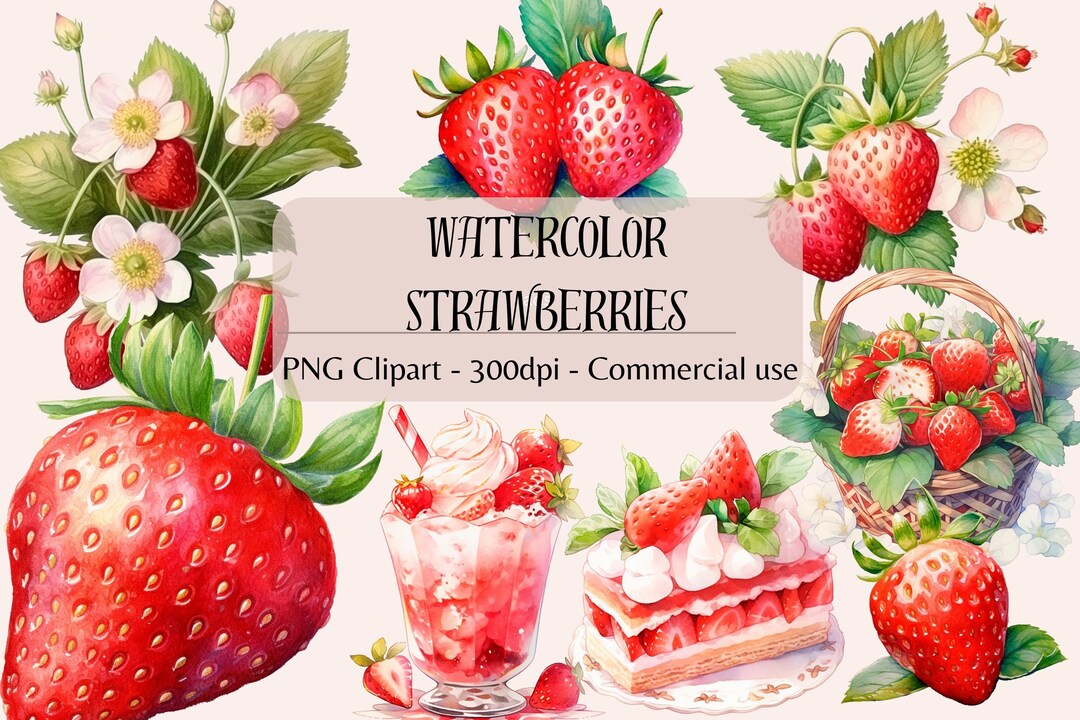 Watercolor Strawberry Clipart Bundle, PNG Clipart, Digital Download for ...