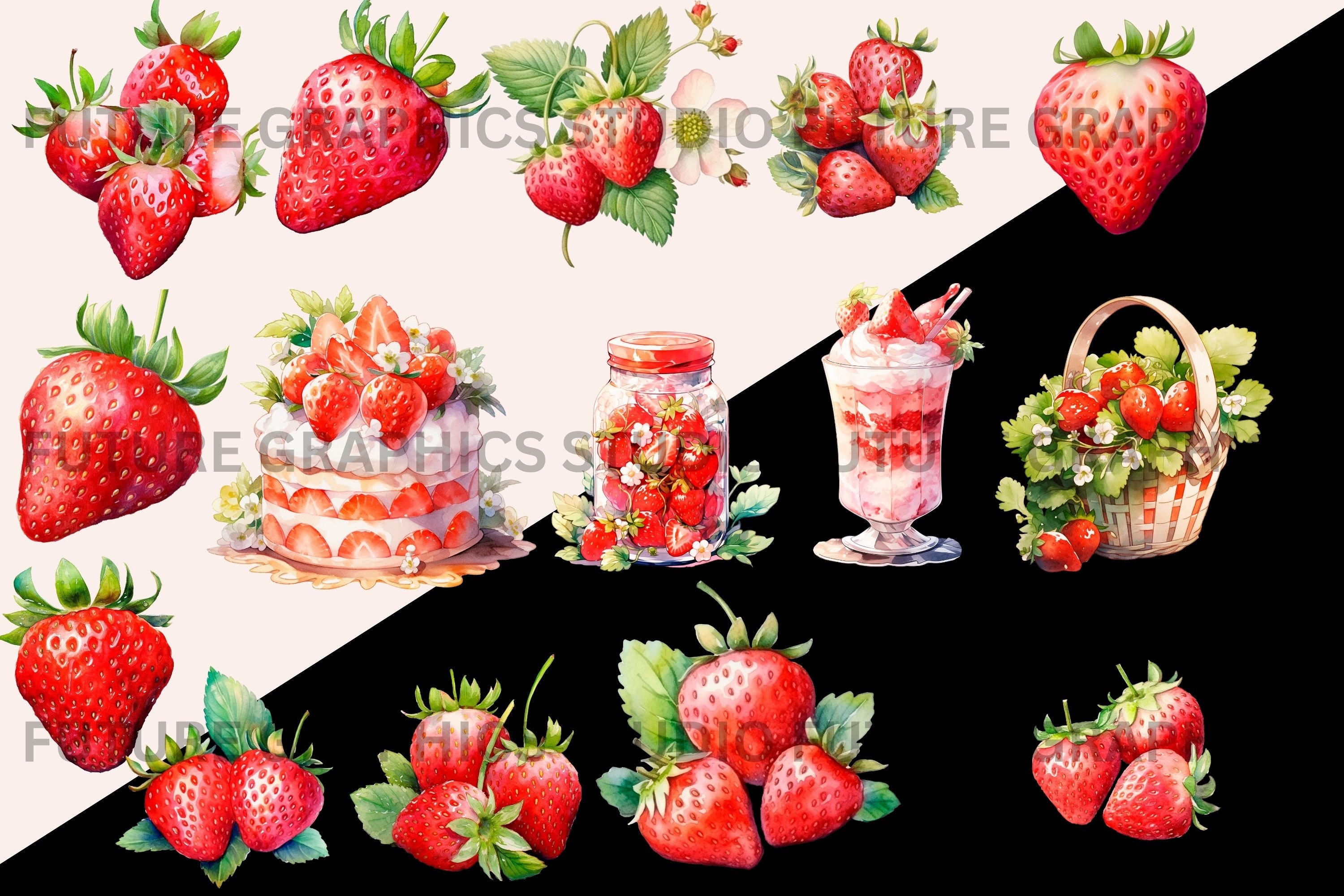 Watercolor Strawberry Clipart Bundle, PNG Clipart, Digital Download for ...