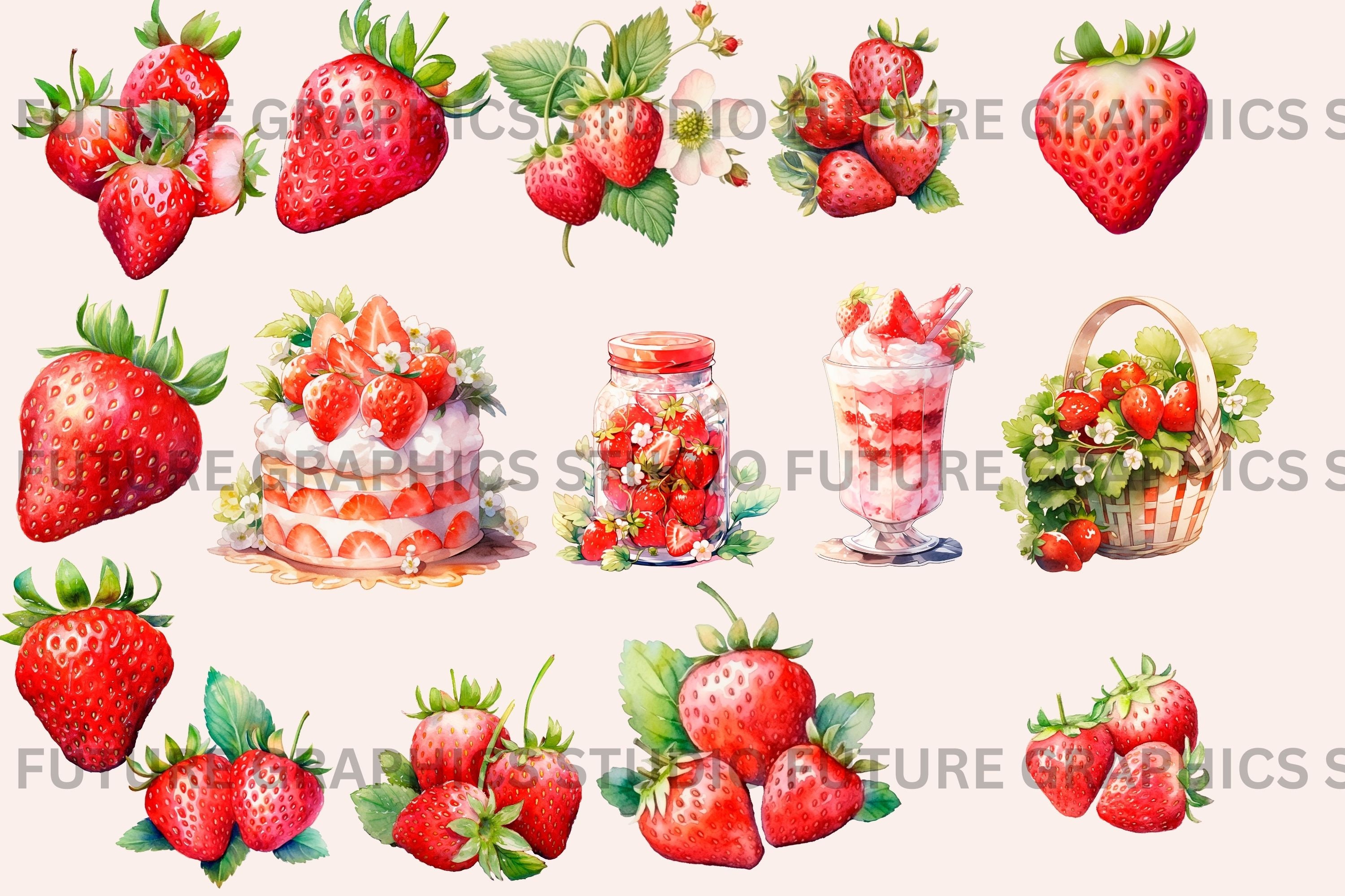 Watercolor Strawberry Clipart Bundle, PNG Clipart, Digital Download for ...