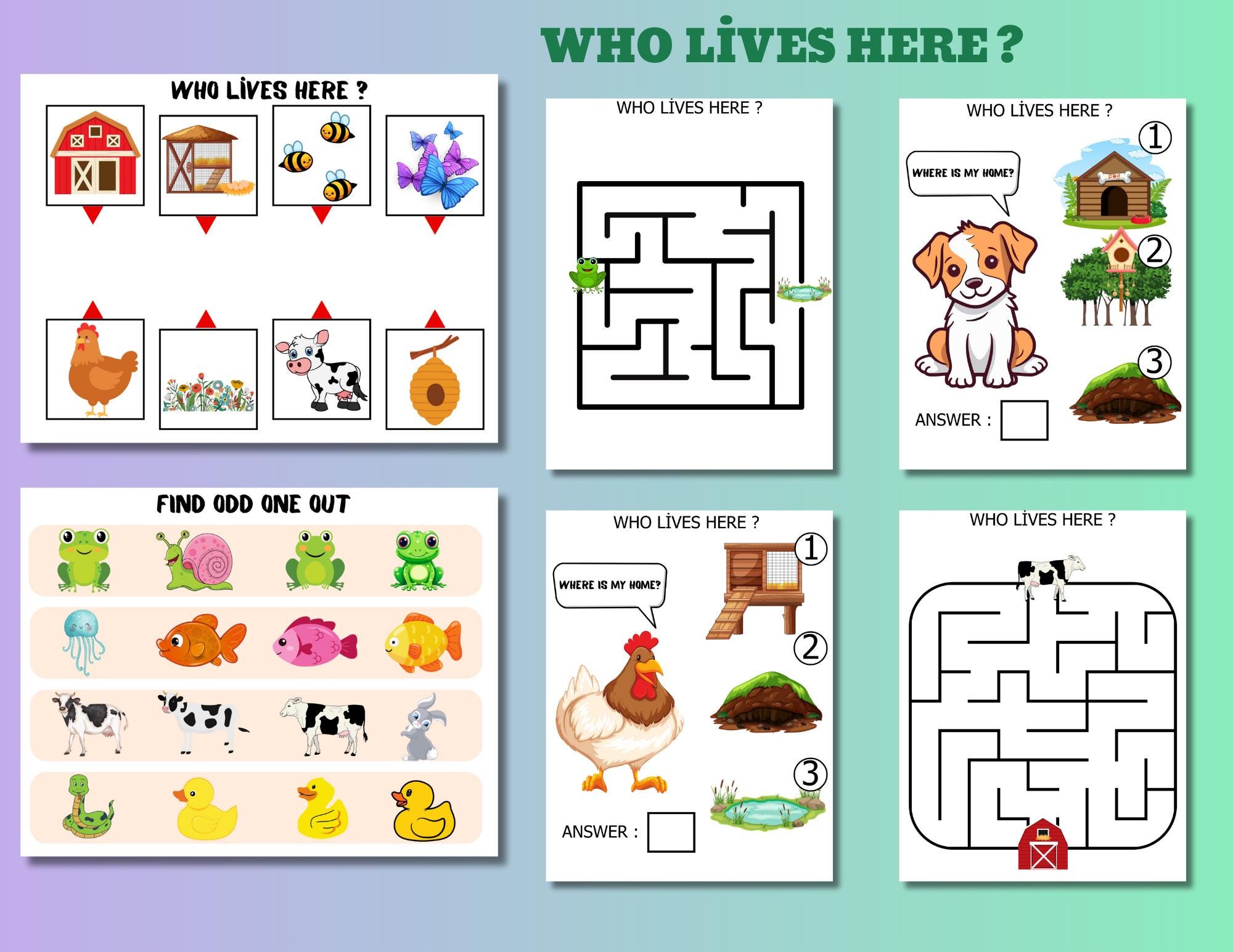 Animals and Homes Matching Activity,learning and School,who Lives ...