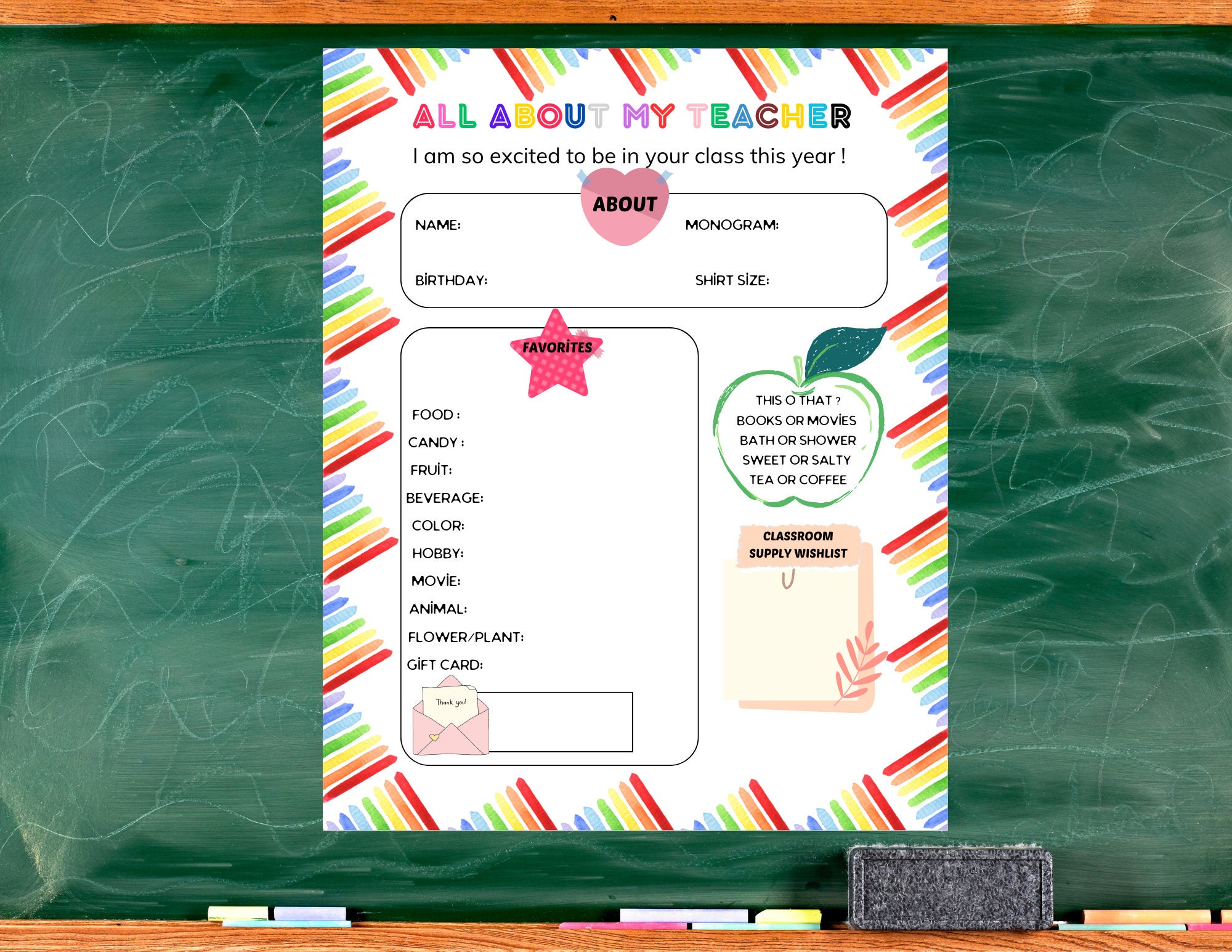 All About My Teacher Survey, Back to School Teacher Questionnaire ...