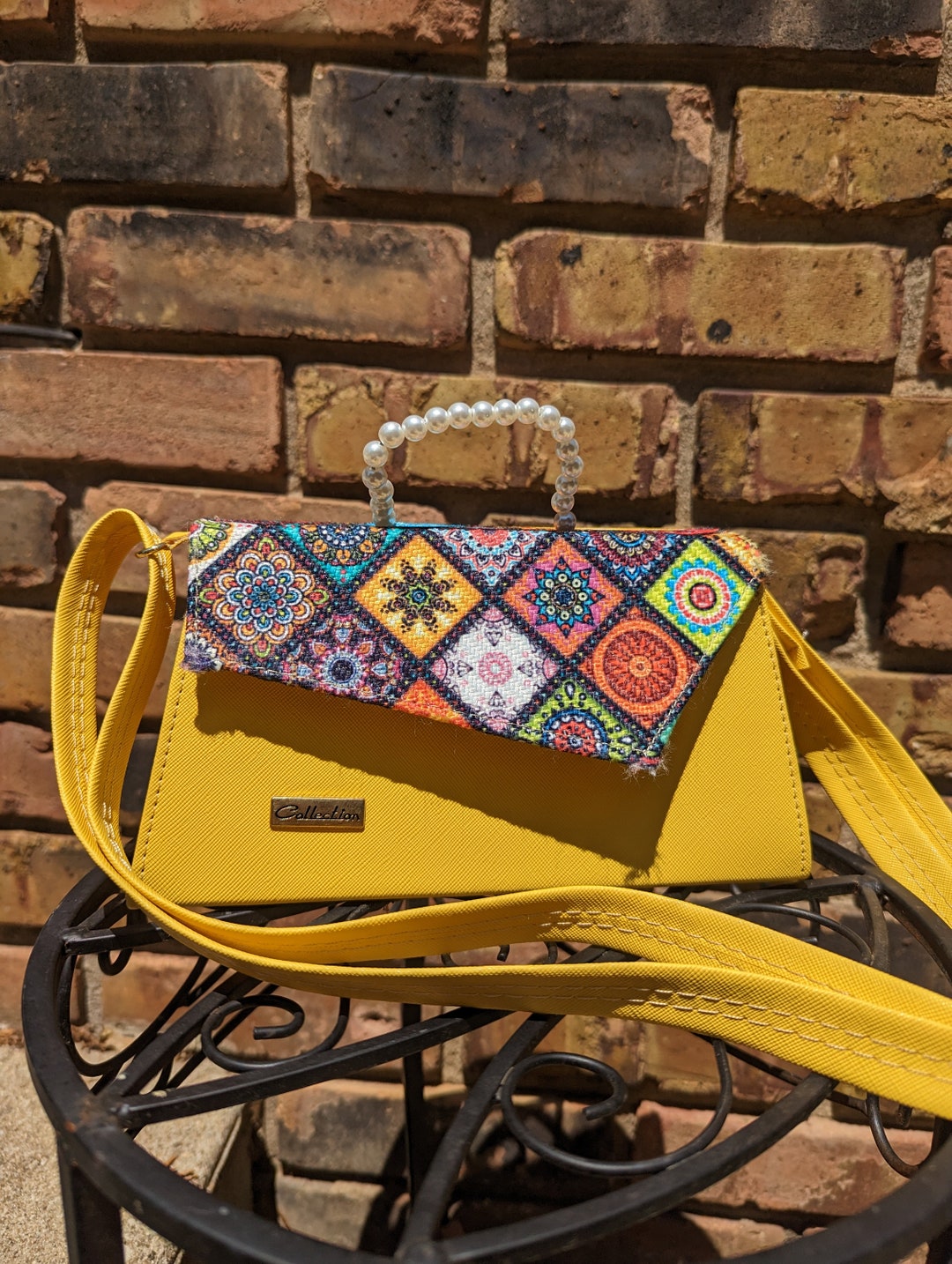 Hardback Yellow Mexican Tile Design Purse, Pearl Handle and Crossbody ...