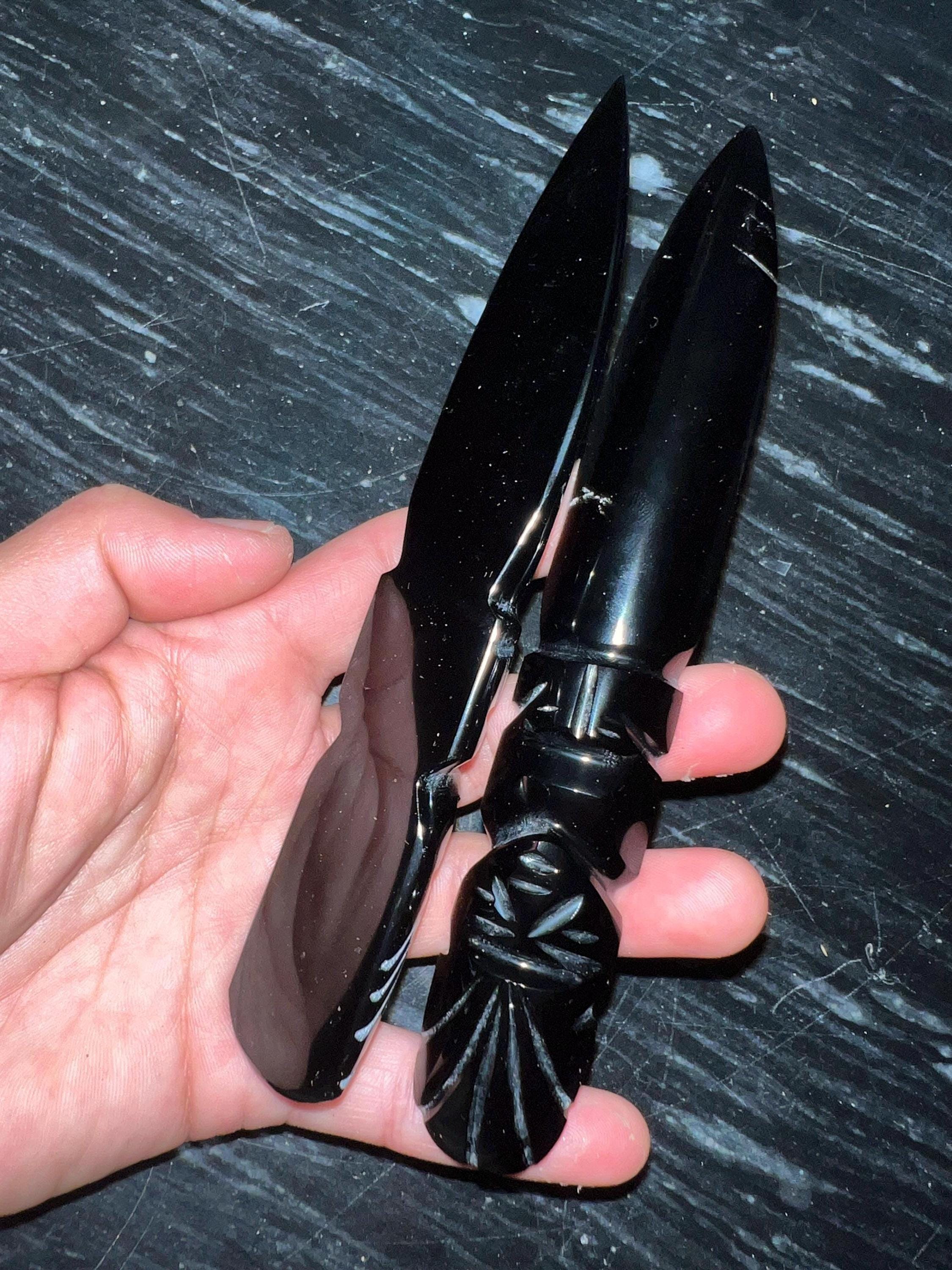 Hand-carved Obsidian Knife Sculpture: Volcanic Glass Decorative Carving ...