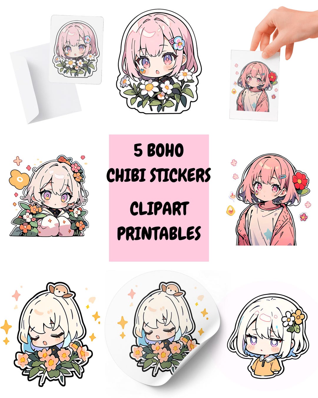 Chibi Anime Boho Girls Clipart Stickers, PNG Designs for Printing & T ...