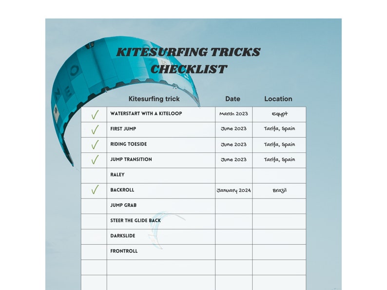 Kitesurfing Tricks Checklist: Printable Kite Surf Trick List, Canva ...