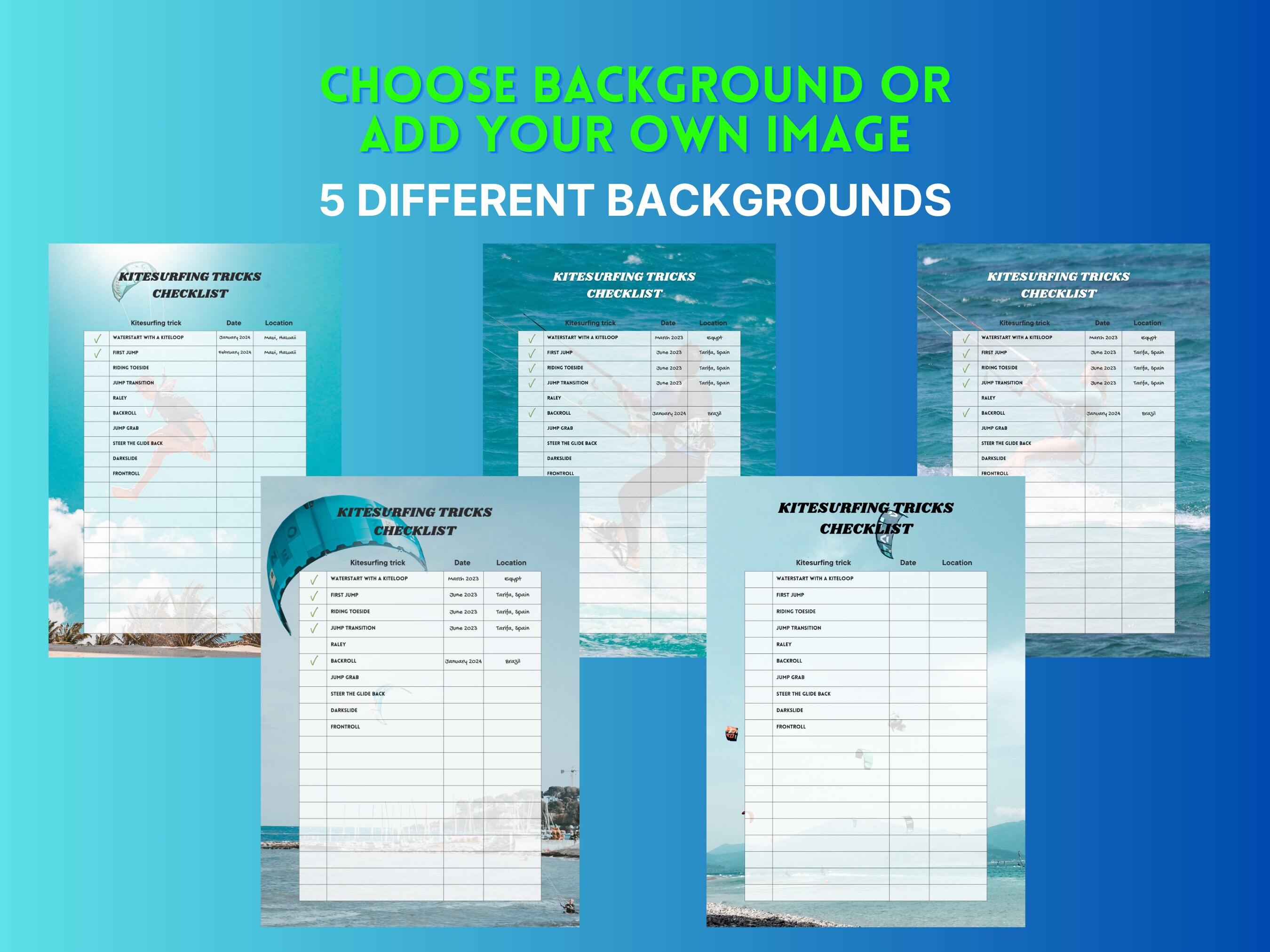 Kitesurfing Tricks Checklist: Printable Kite Surf Trick List, Canva ...