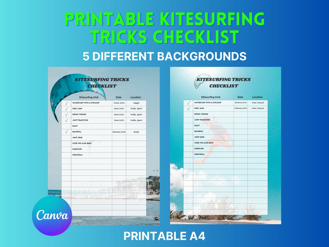 Kitesurfing Tricks Checklist: Printable Kite Surf Trick List, Canva ...