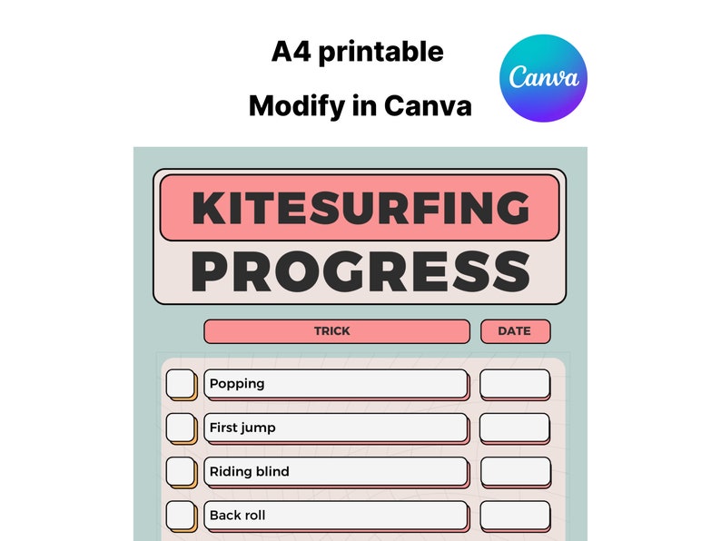 Kitesurfing Progress Tracker Poster, Personalized Kiteboarding Trick ...