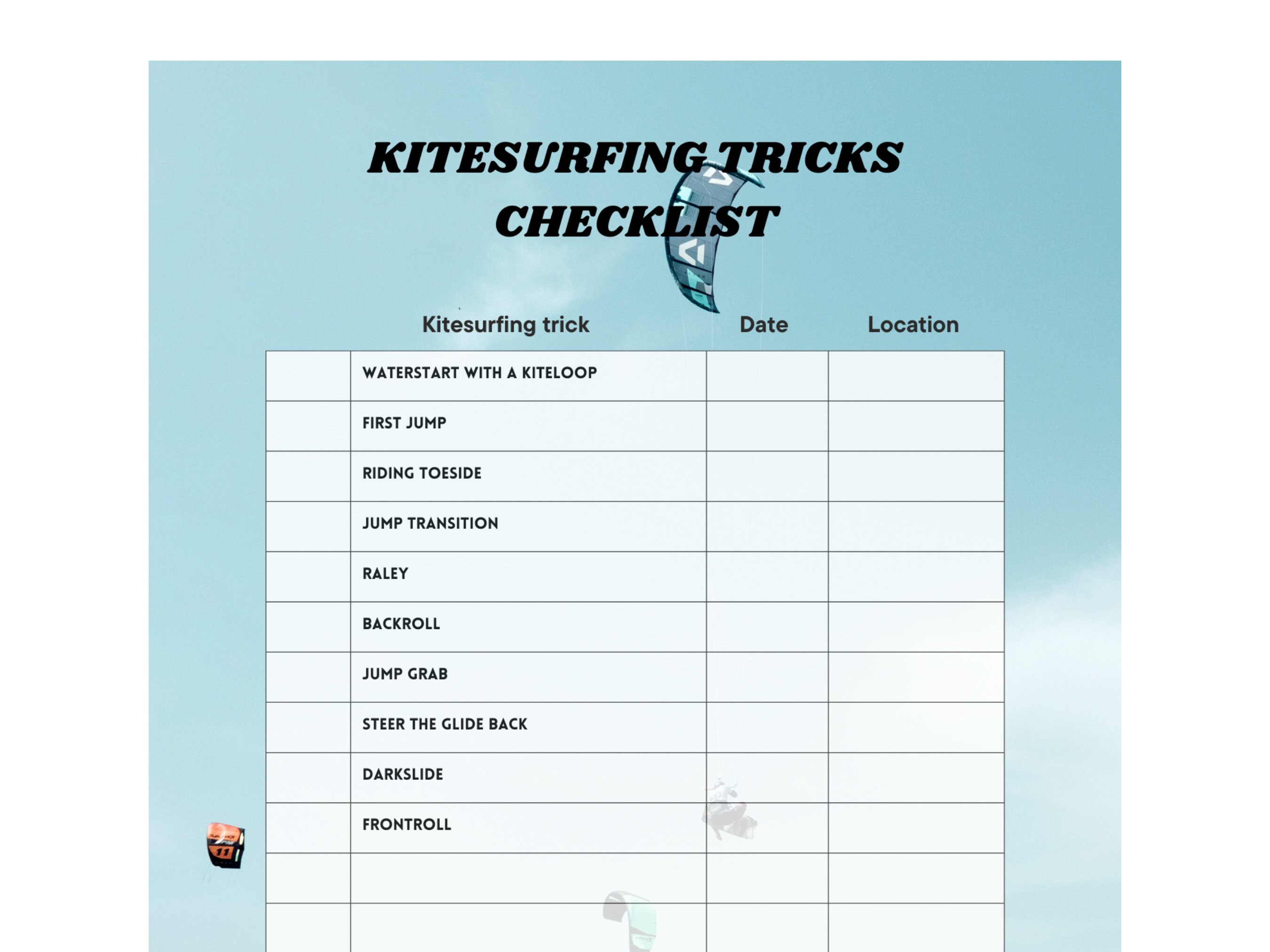 Kitesurfing Tricks Checklist: Printable Kite Surf Trick List, Canva ...
