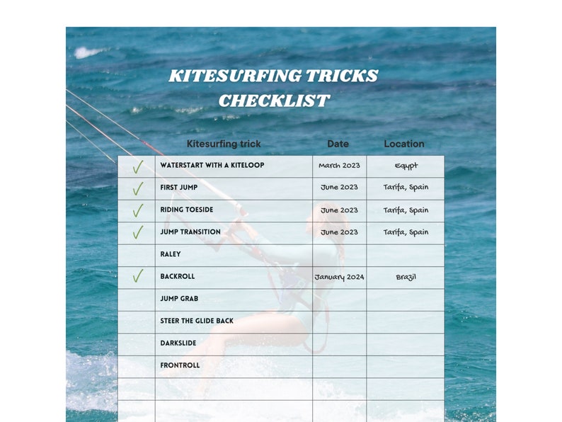 Kitesurfing Tricks Checklist: Printable Kite Surf Trick List, Canva ...