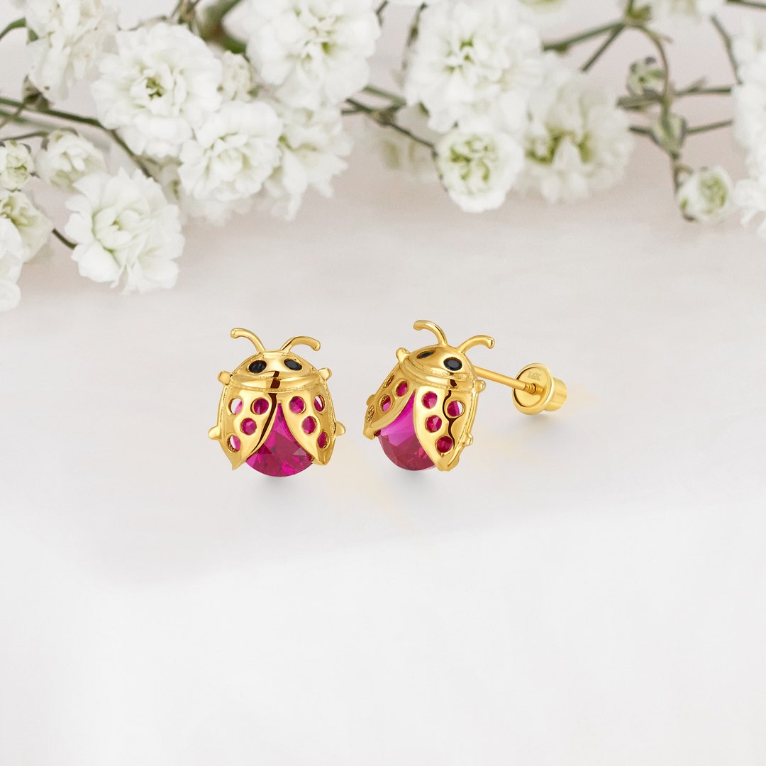 14k Solid Gold Lady Bug Baby Girl Screwback Stud Earrings - Etsy
