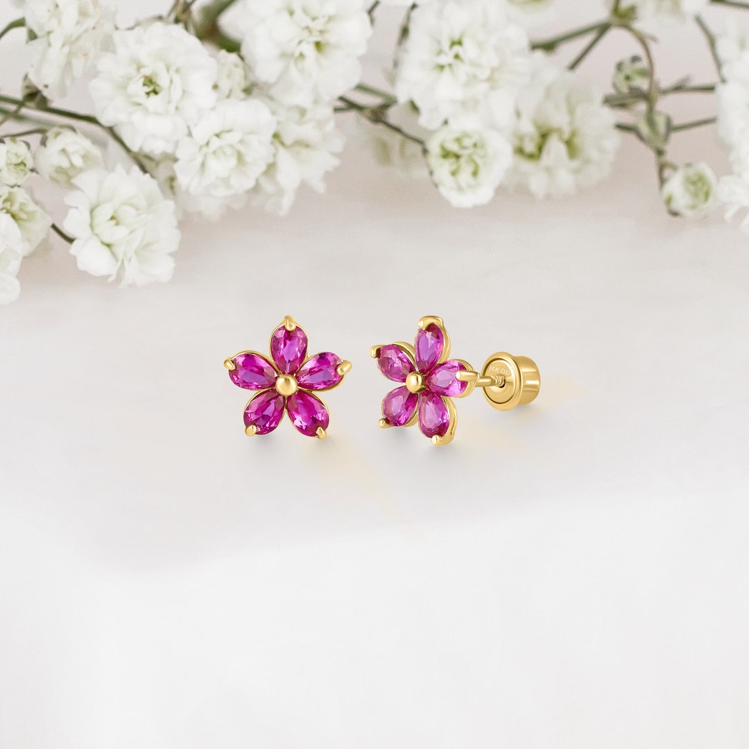 14k Solid Gold Flower Baby Girl Screwback Stud Earrings - Etsy
