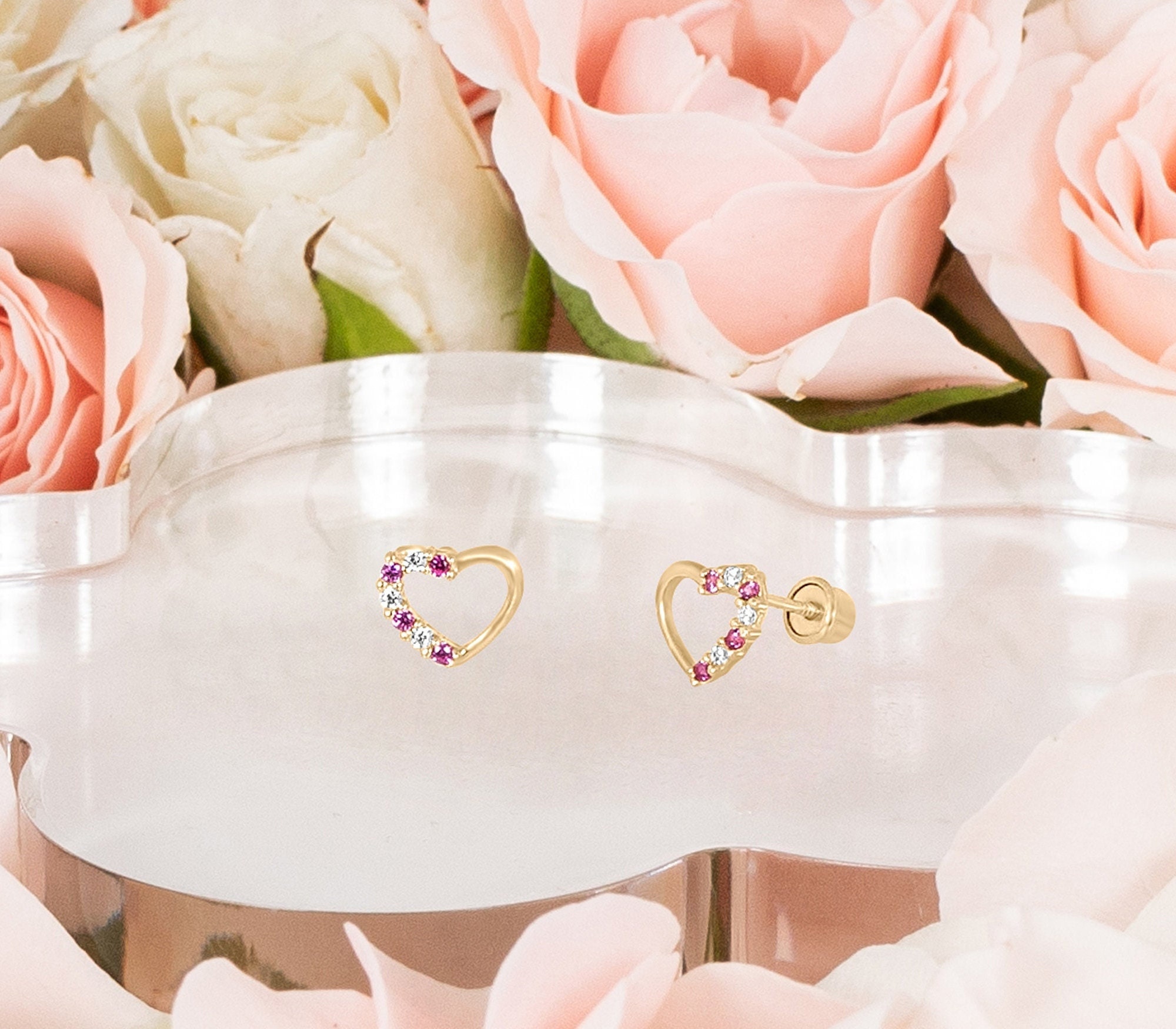 14k Solid Gold Heart Baby Girl Screwback Stud Earrings - Etsy