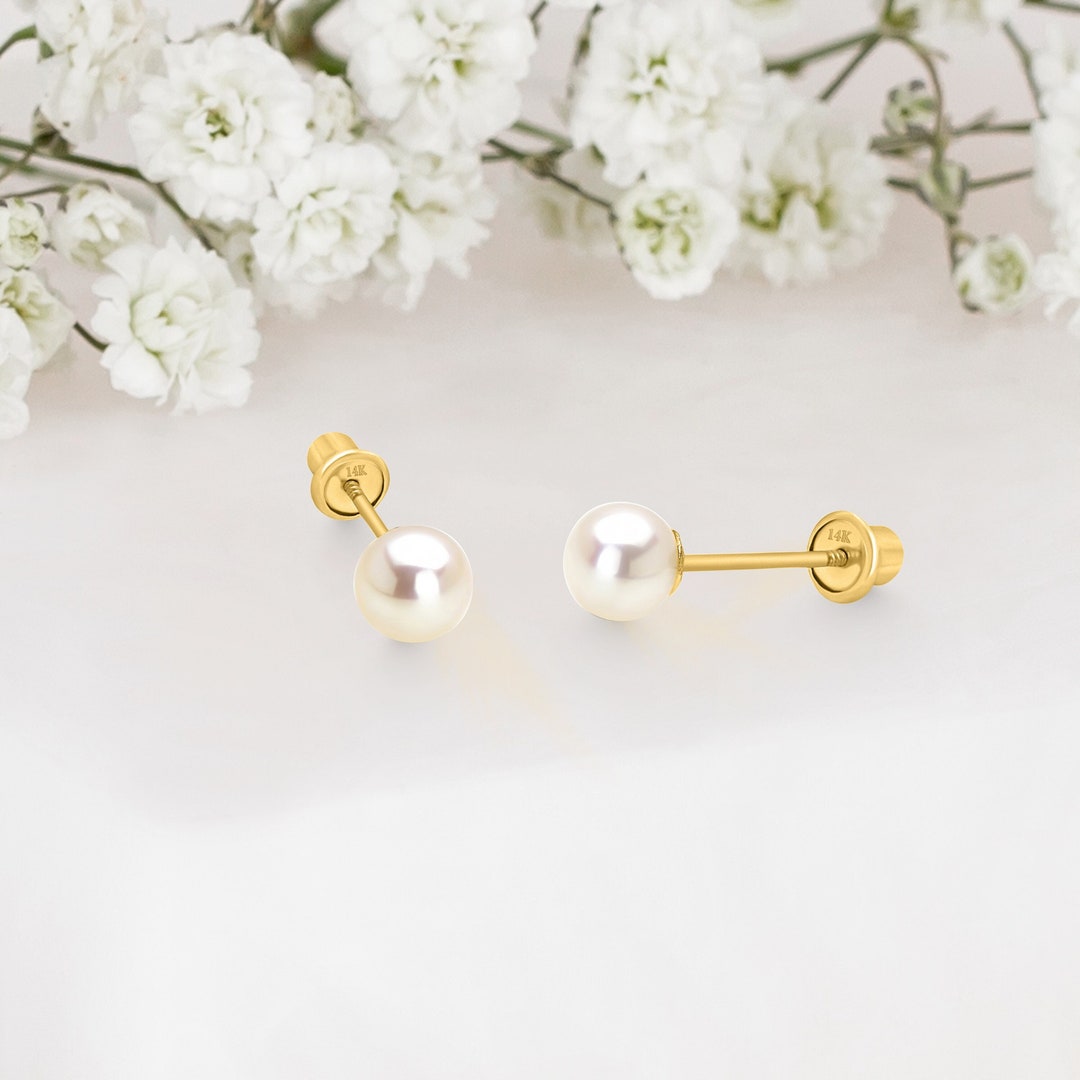 14k Solid Gold Pearl Baby Girl Screwback Stud Earrings - Etsy