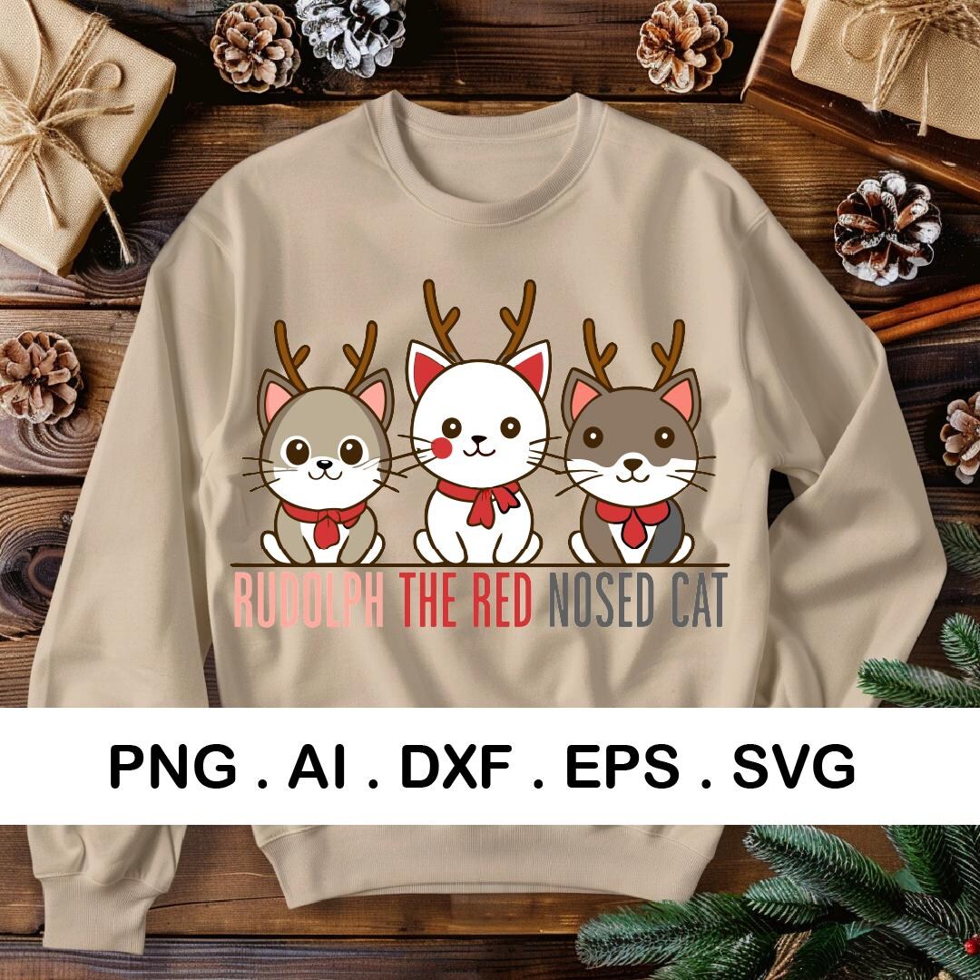 Rudolph the Red Nosed Cat Tshirt Design Cats Png,meowy Christmas Png ...