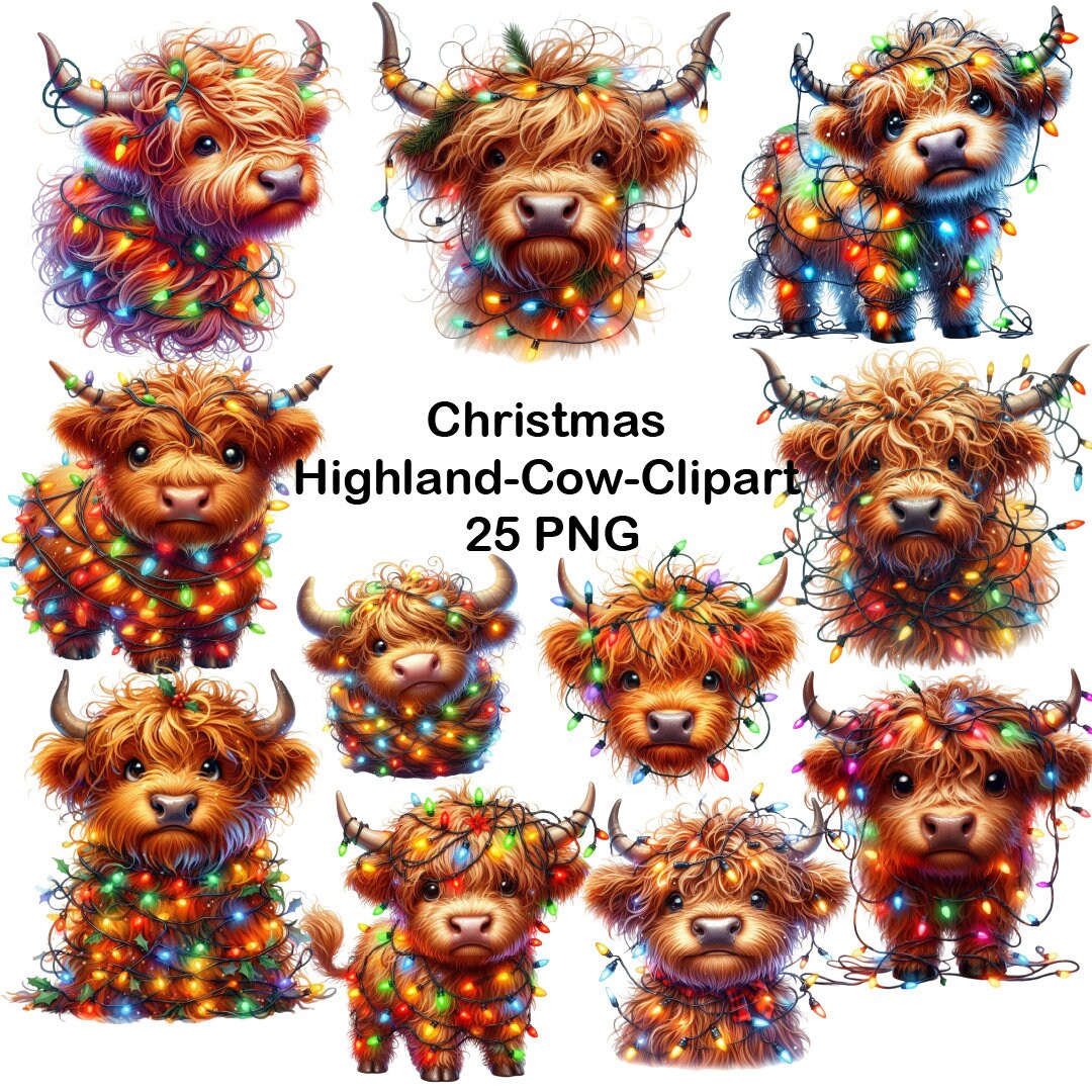 25 Christmas Highland Cow With Lights Clipart Set, Christmas Clipart ...