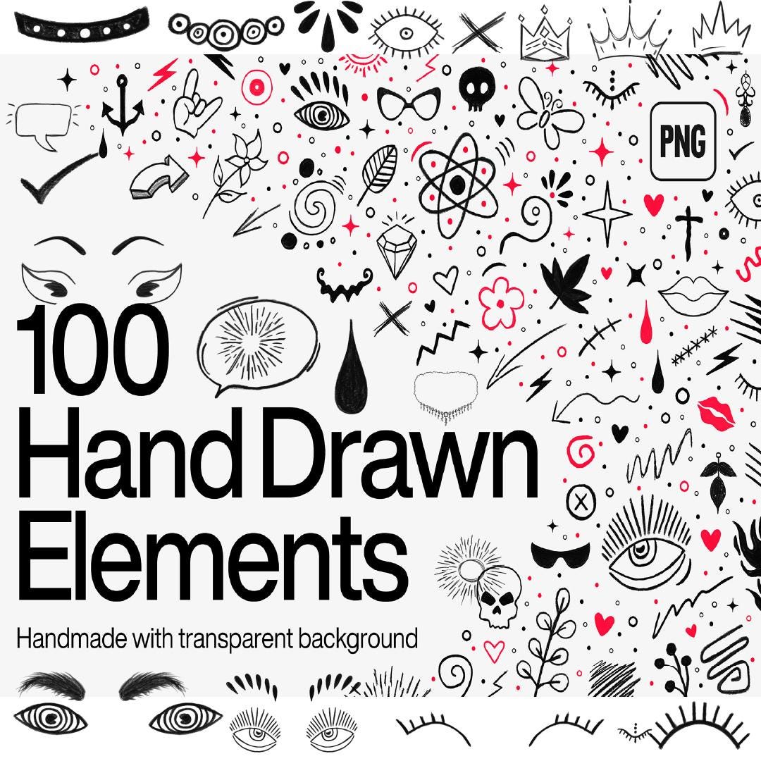 100 PNG Hand Drawn Elements Hand Drawn Clipart Bundle Doodle SVG Bundle ...