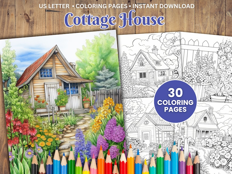 30 Printable Cottage House Coloring Pages, Flower Coloring Book, Adults ...