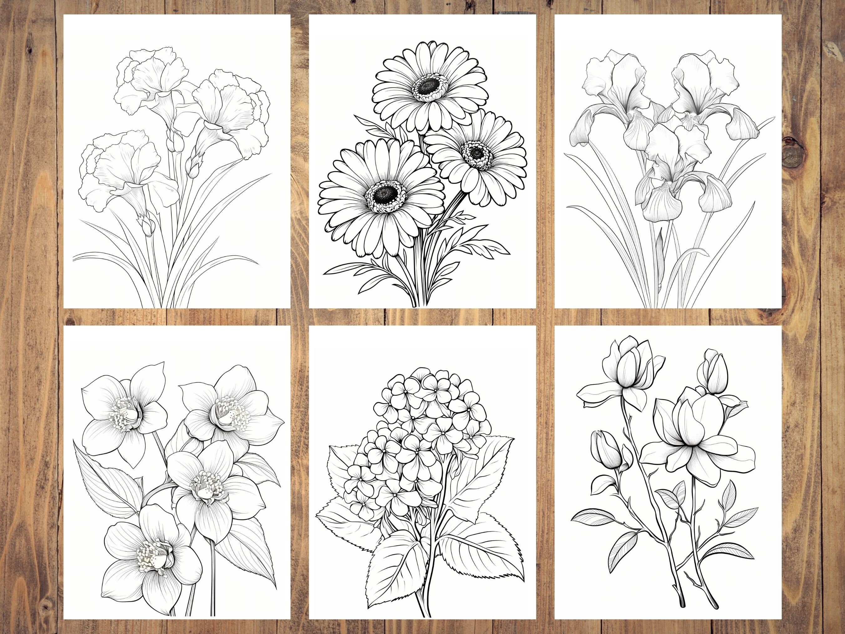 30 Printable Flower Coloring Pages, Grayscale Adults + Kids (PDF ...