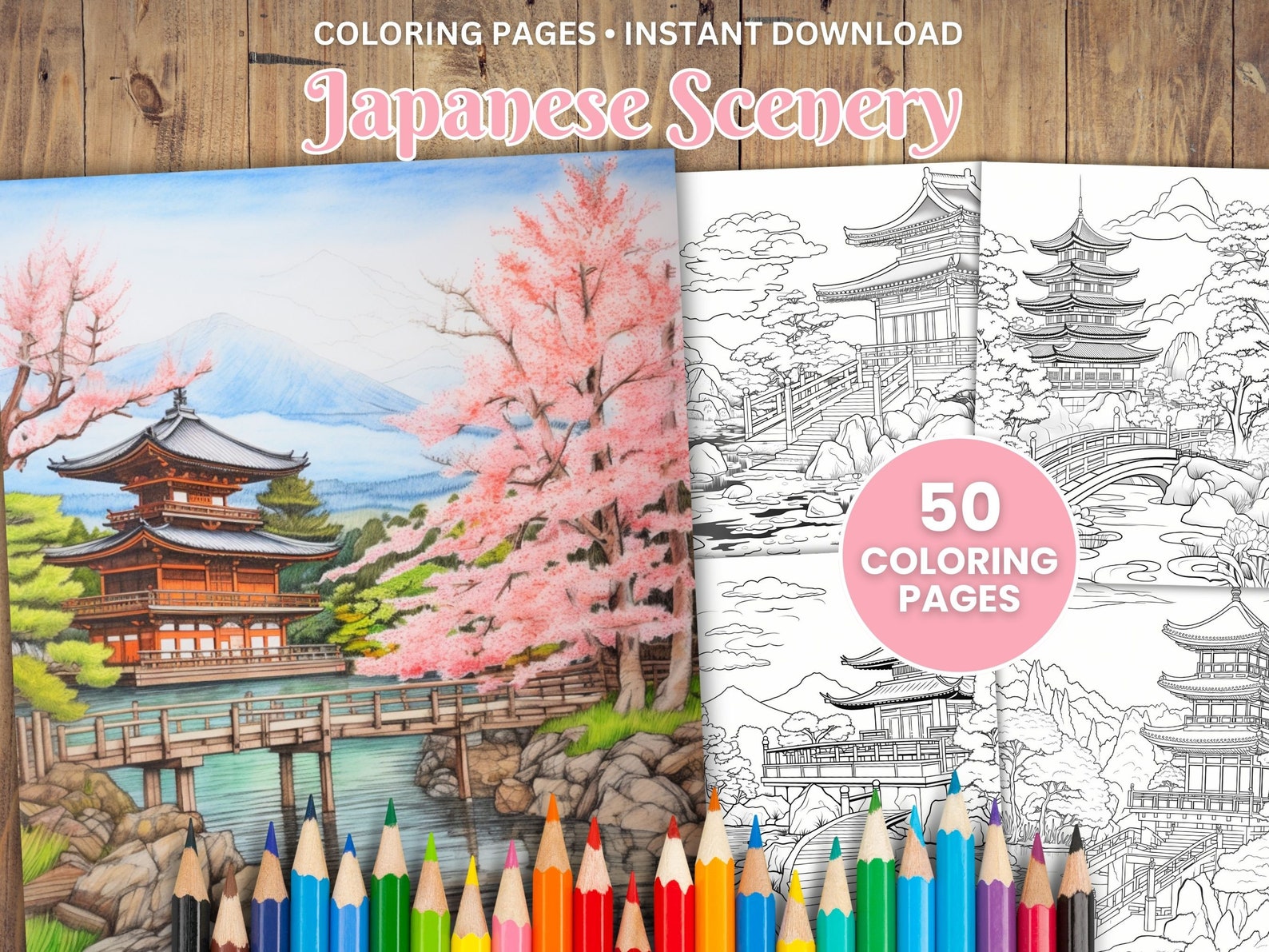 50 Japanese Scenery Coloring Pages, Nature Coloring Book, Easy and ...