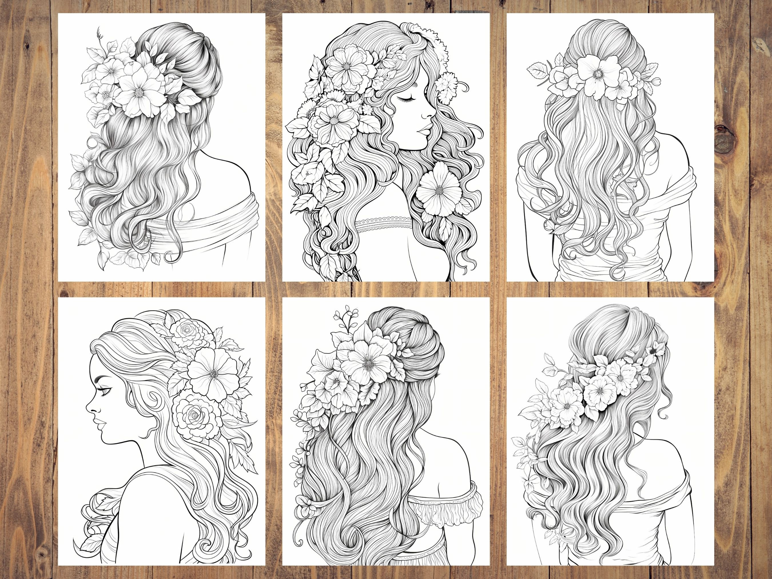 Flower Hair Coloring Book, 30 Printable Grayscale Pages (PDF Coloring ...