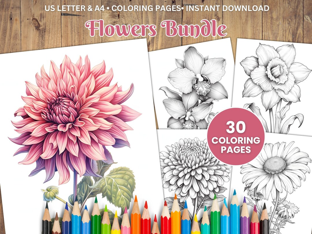 30 Printable Flower Coloring Pages, Coloring Book, Adults + Kids ...