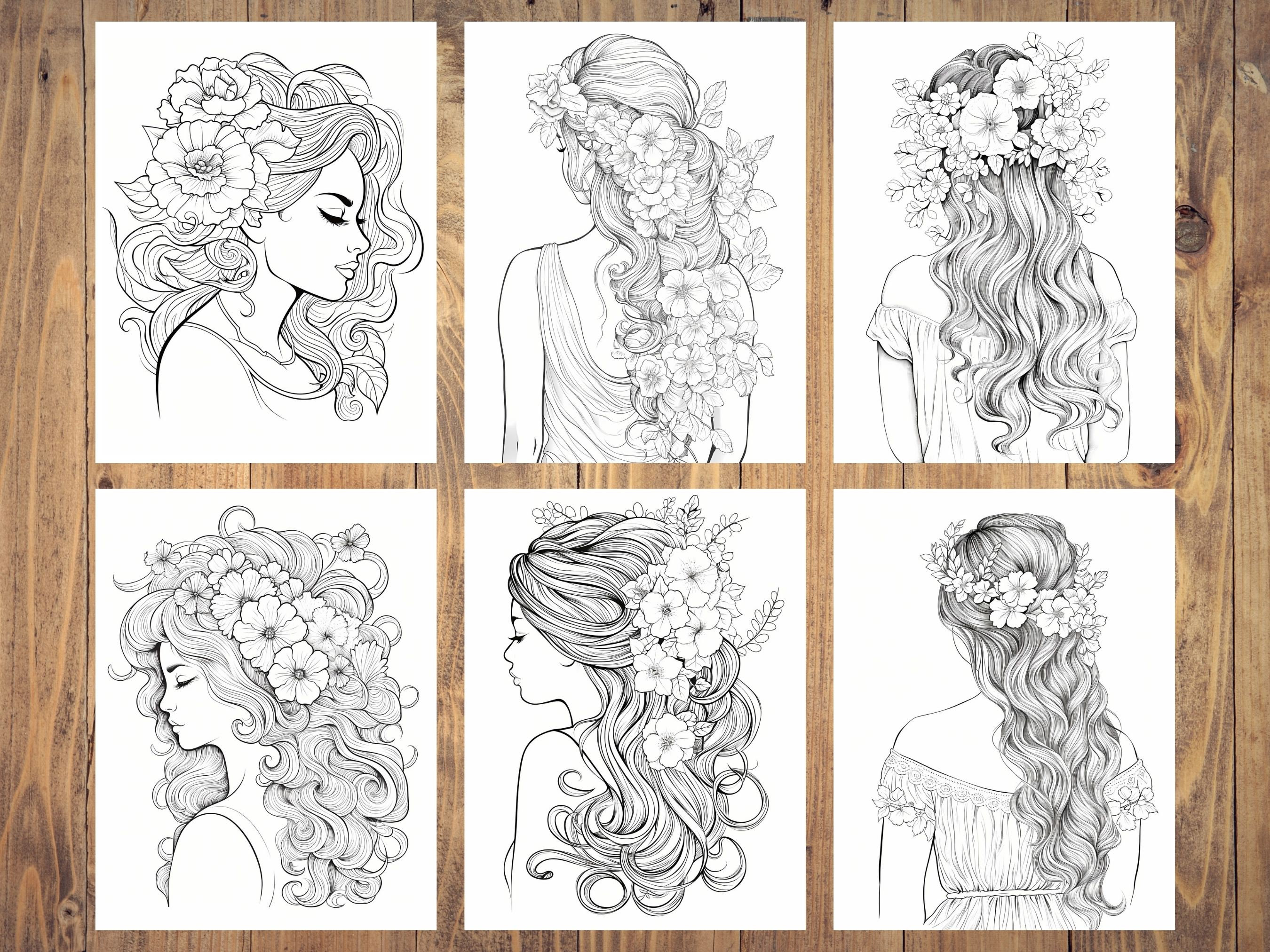 30 Printable Flower Hair Coloring Pages, Beautiful Lady Coloring Book ...