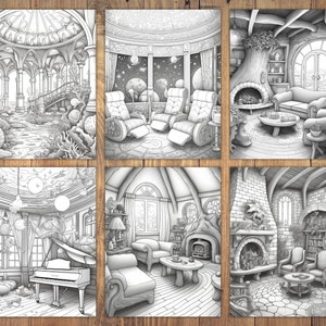 30 Fantasy House Interior Coloring Pages, Grayscale Art (PDF) - Etsy