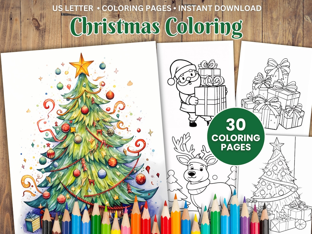 30 Christmas Coloring Pages, Xmas Coloring Book, Adults + Kids, Holiday ...