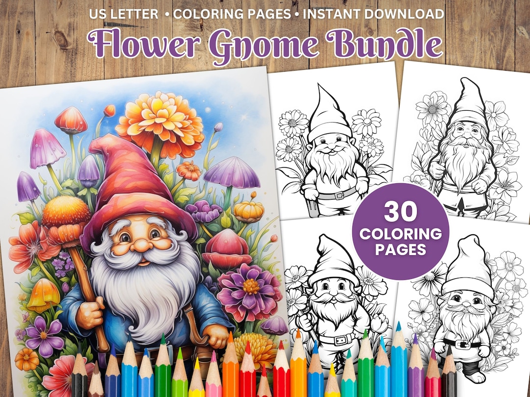 30 Flower Gnome Coloring Pages, Coloring Book, Adults + Kids, Grayscale ...